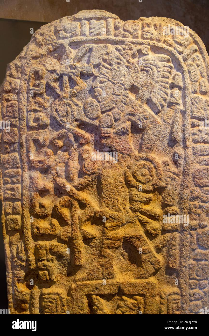 Stela carved image of warrior with spear and shield, museum of Mayan ...