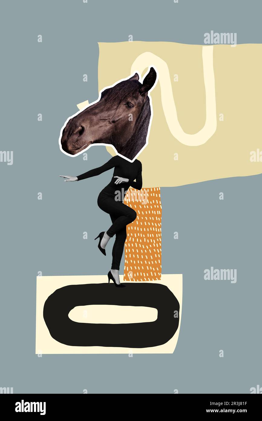 Vertical collage absurd creative bizarre weird woman masquerade dancing ...