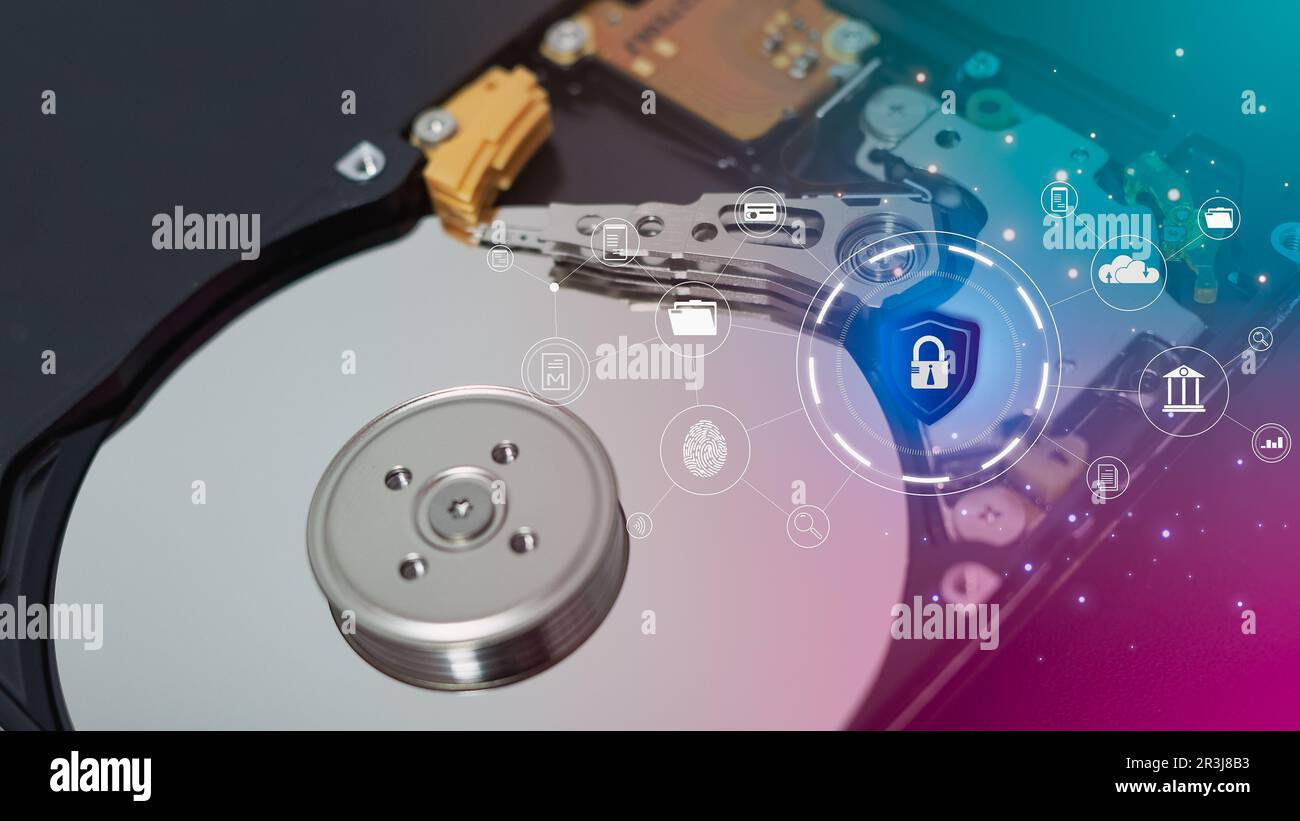 Hard disk drive and data protection icon. Data protection concept ...