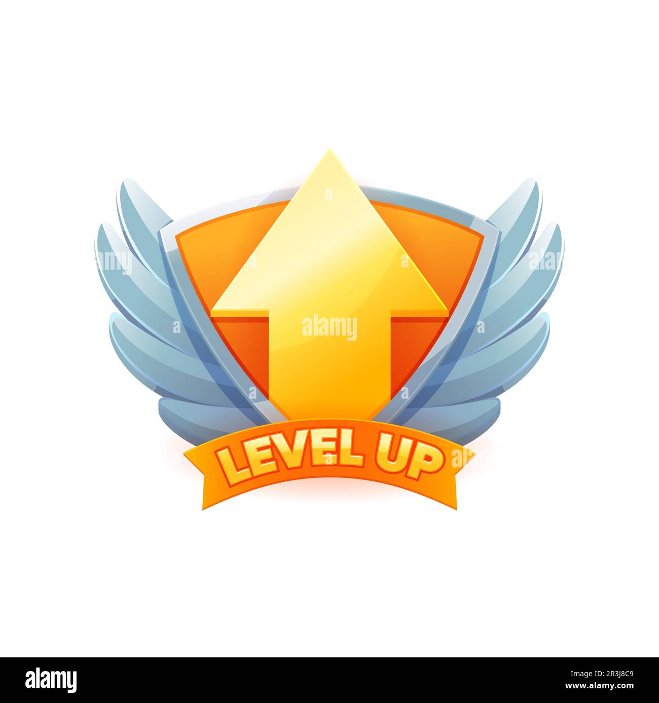 Game level up badge and win icon. Vector bonus rank reward emblem with golden raising arrow ...