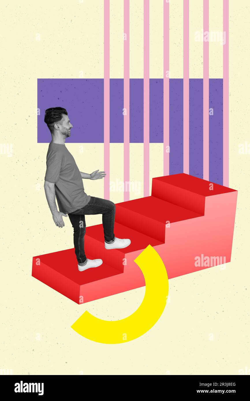 Collage photo of leader young positive business progress guy upstairs ...