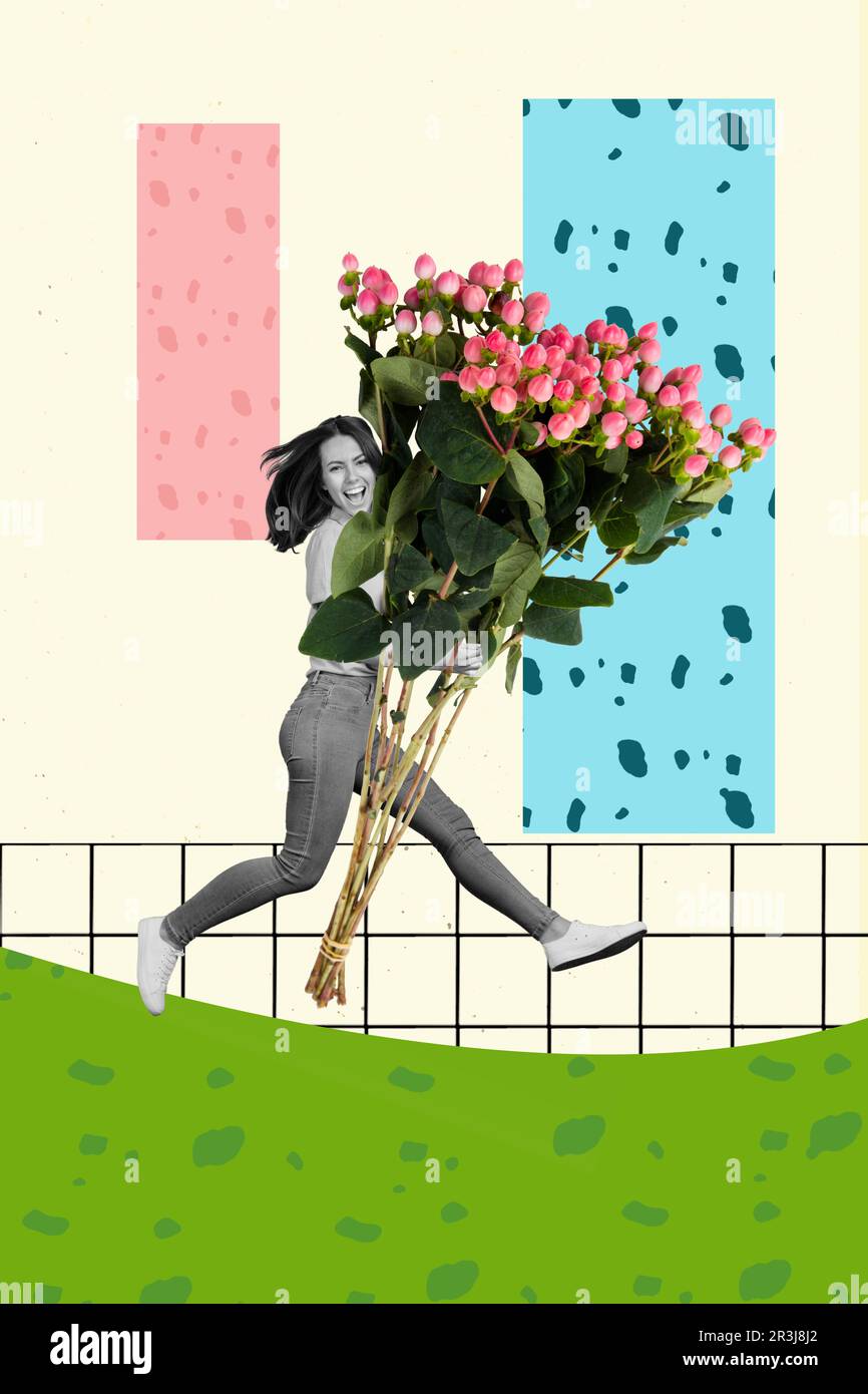 Creative photo collage of funky young feminine girl running carry her ...