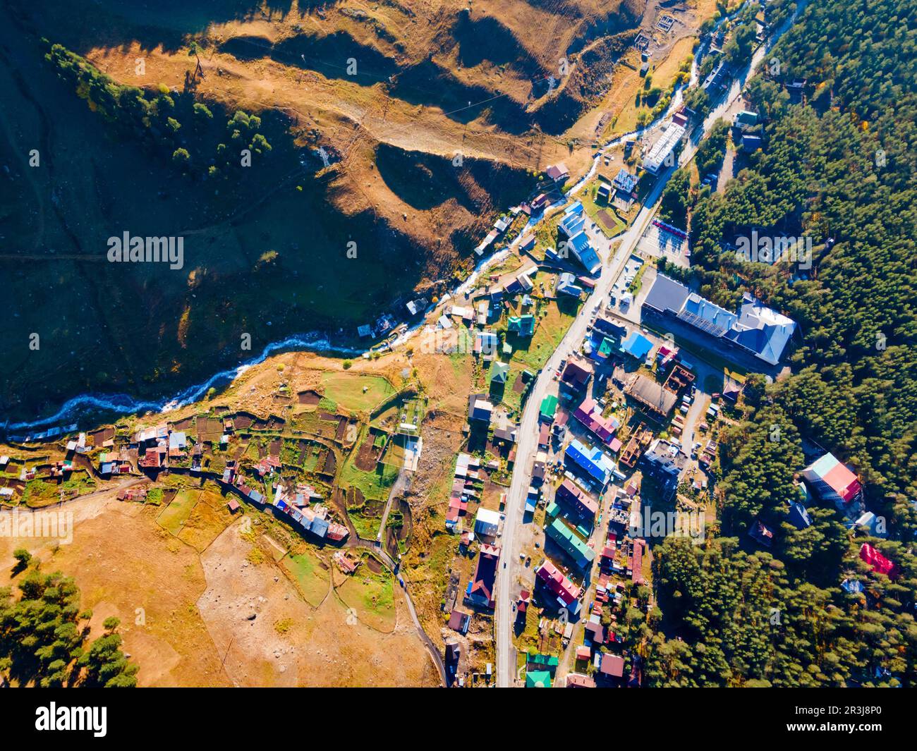 Terskol aerial panoramic view. Terskol is a village located at the foot ...