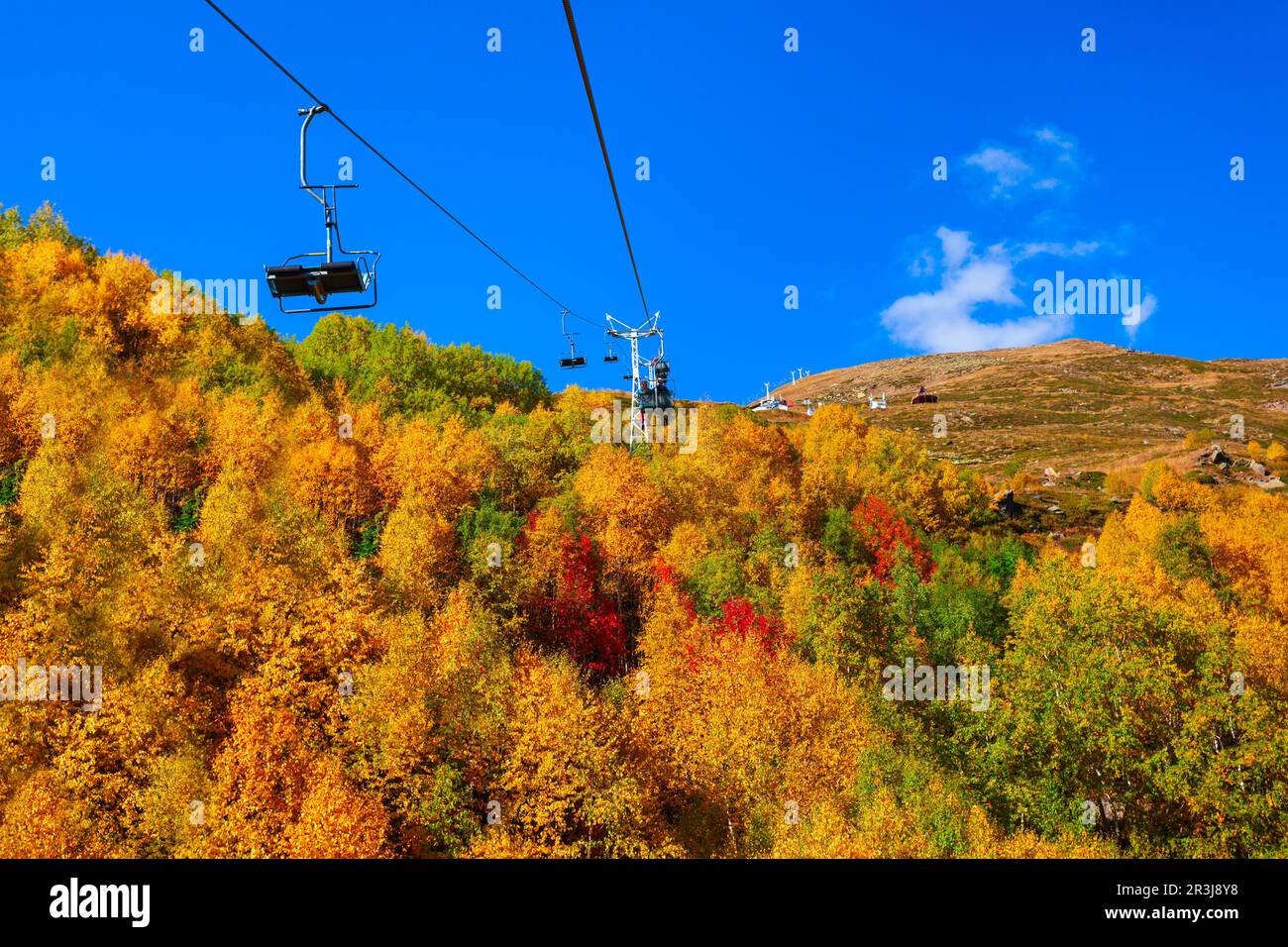 Cable car on the Cheget mountain, which located opposite Mount Elbrus ...