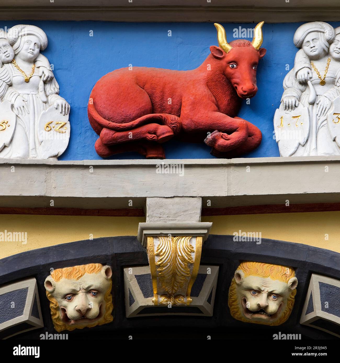 Red ox in the center of the frieze of the House of the Red Ox, Erfurt ...