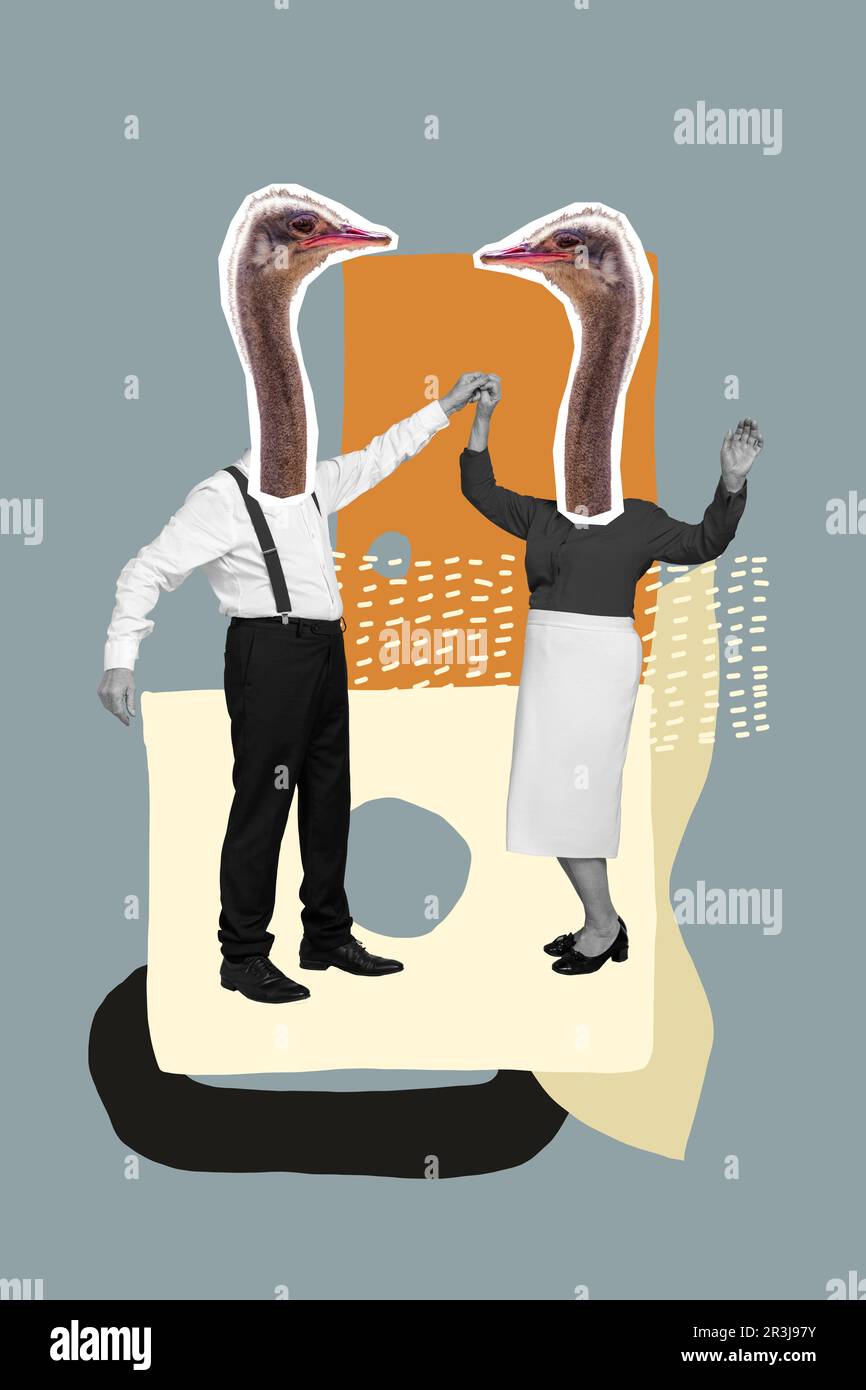 Funny animals headless people collage ostrich couple festive ...