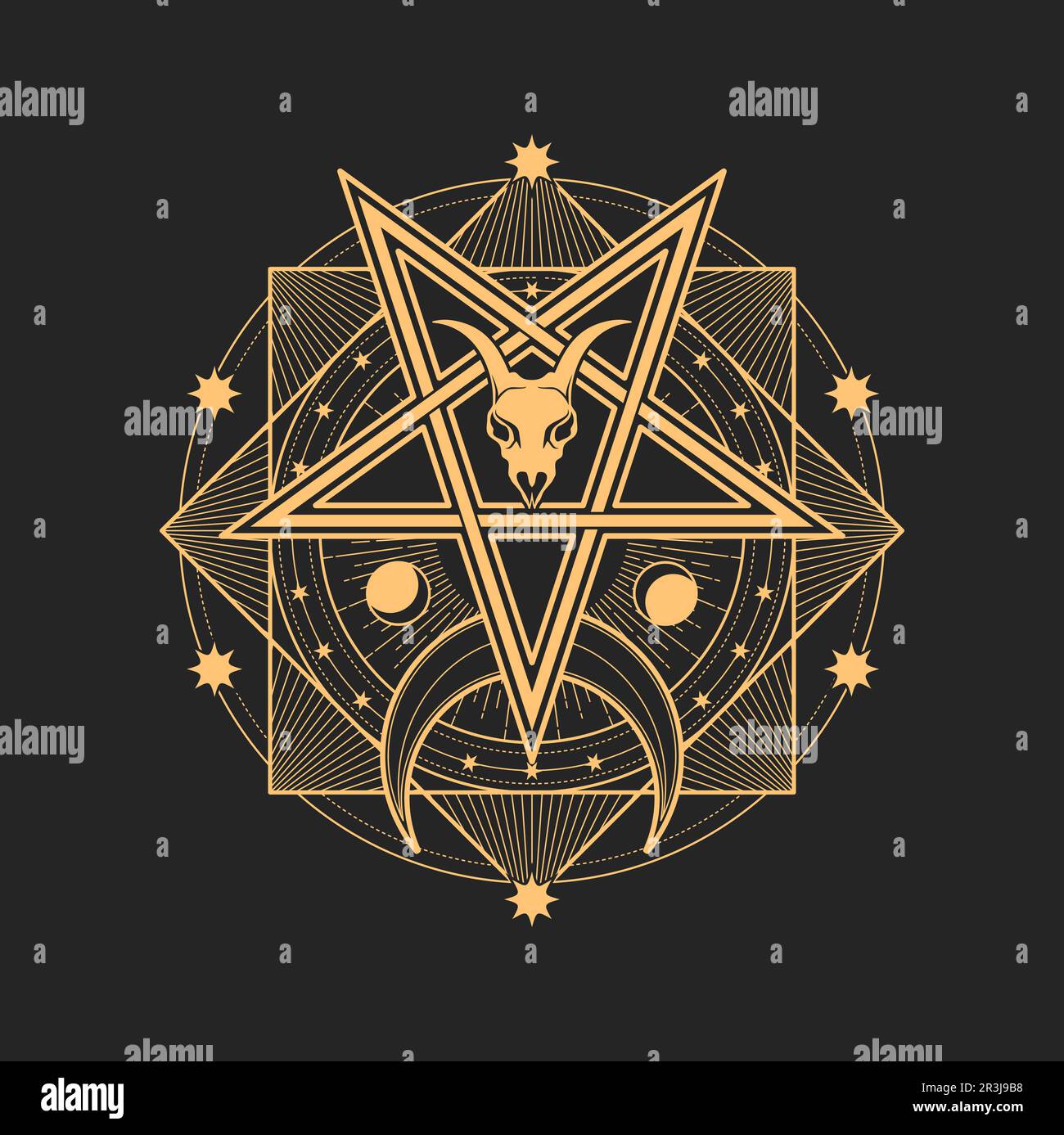 Pentagram with goat skull, octagram, crescent, moon and stars esoteric ...