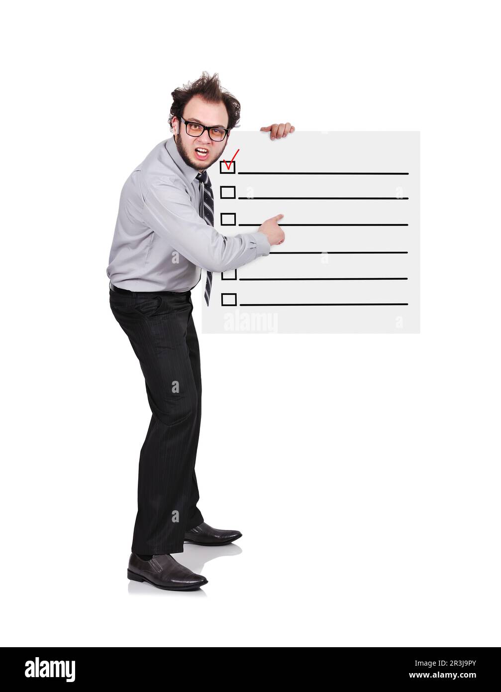 crazy businessman holding poster with checklist Stock Photo - Alamy