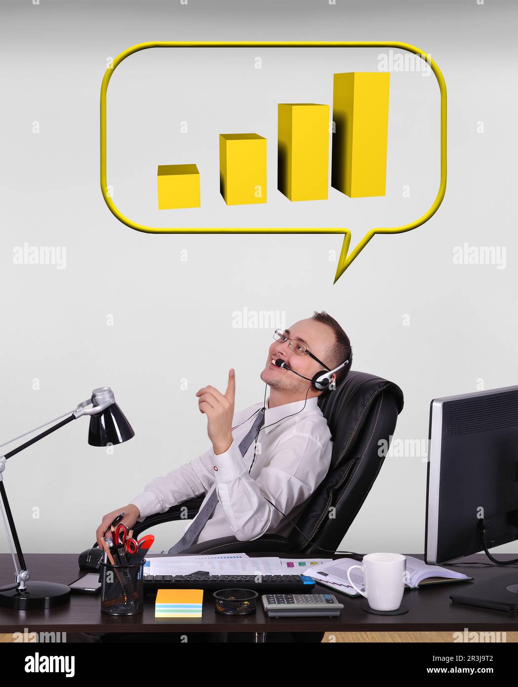 happy customer service representative dreaming at chart Stock Photo - Alamy