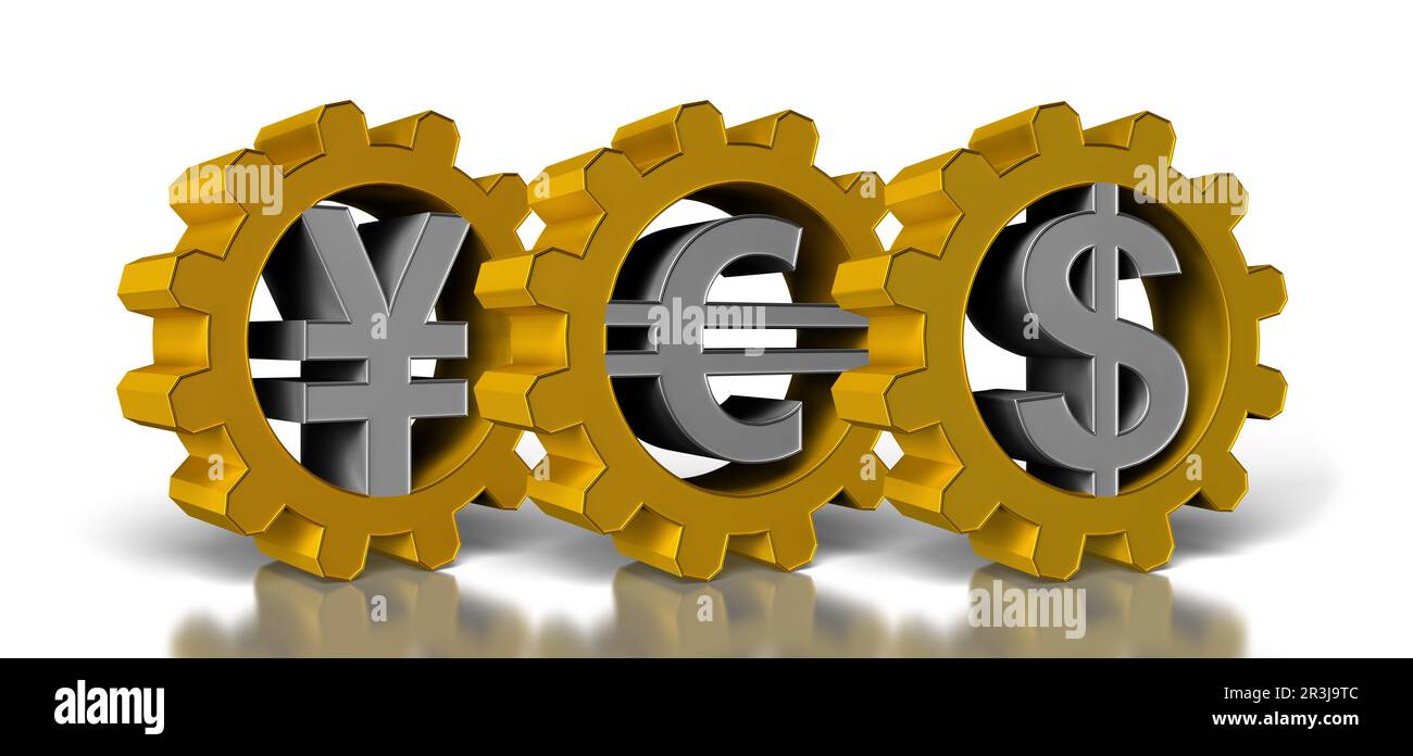 three gold gears with a silver money symbol Stock Photo - Alamy