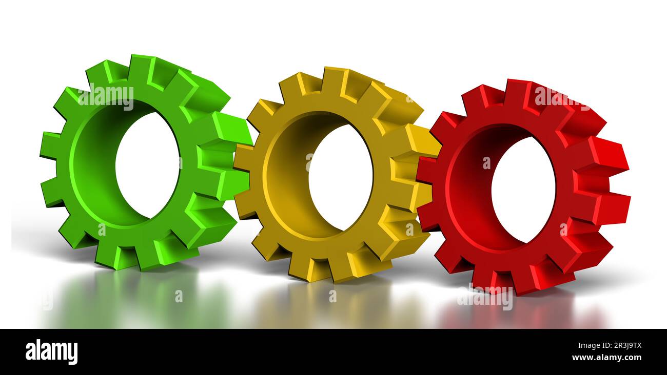 three color gears on white background Stock Photo - Alamy