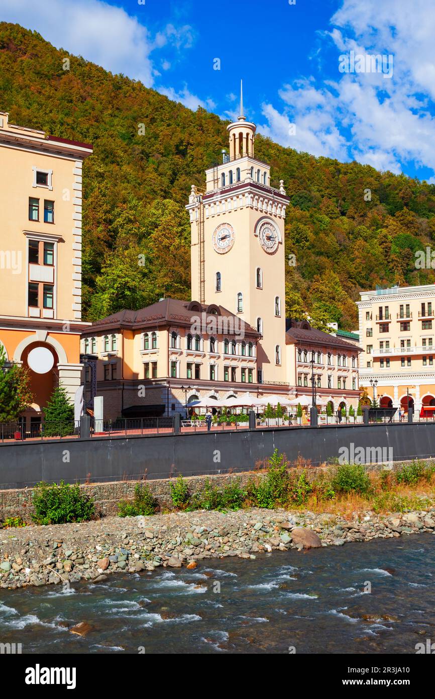 Town Hall in the centre of Rosa Khutor. Rosa Khutor is an alpine ski ...