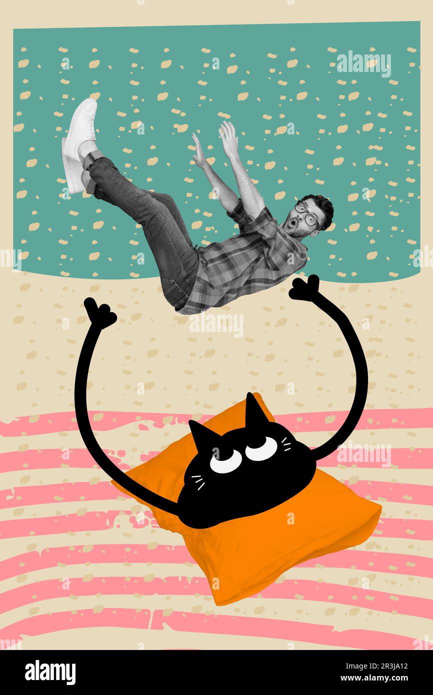 Metaphor collage of young man student falling down cat pet animal ...