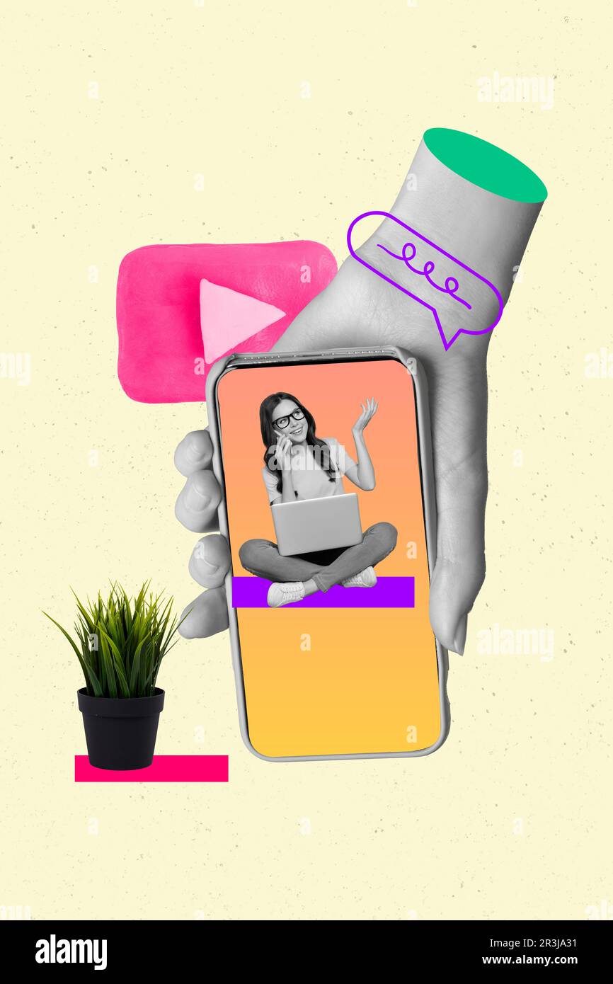 Composite collage of young woman with laptop business influencer famous ...
