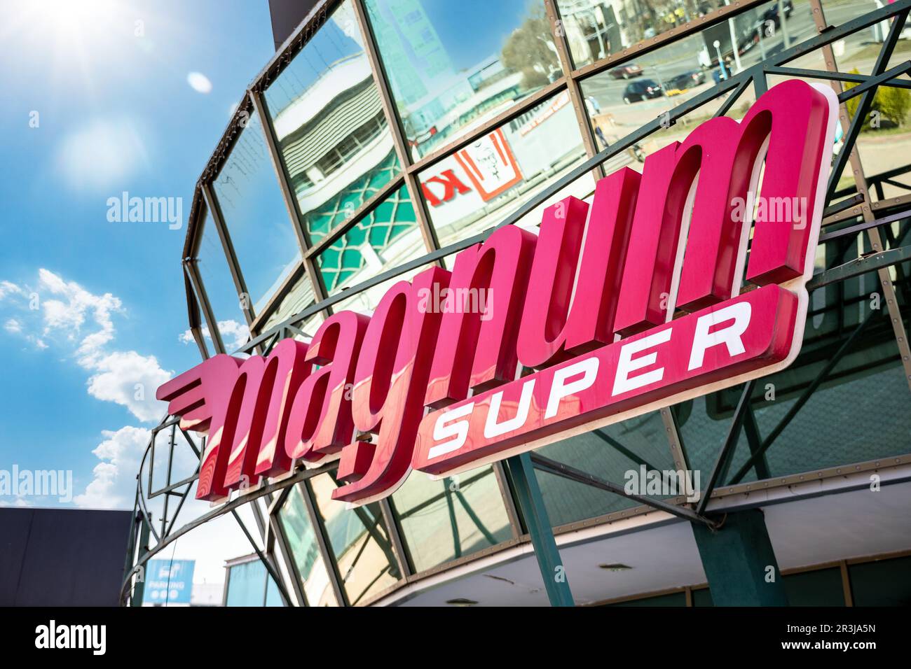 Magnum Signboard of a large supermarket chain in Kazakhstan Stock Photo ...