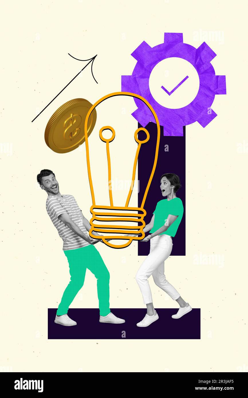 Creative sketch collage of two partners business owners startup hold ...