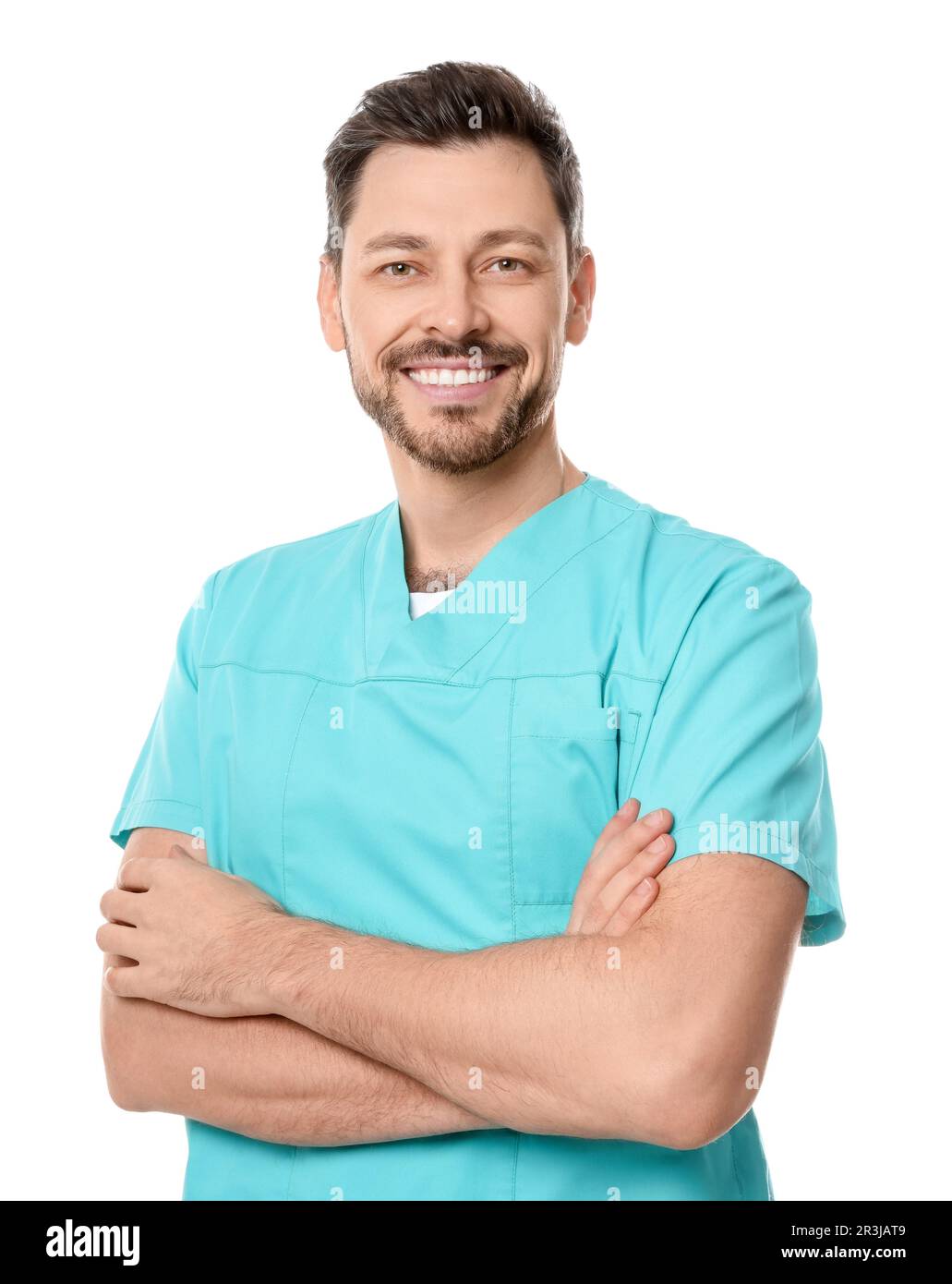 Doctor or medical assistant (male nurse) in uniform on white background ...
