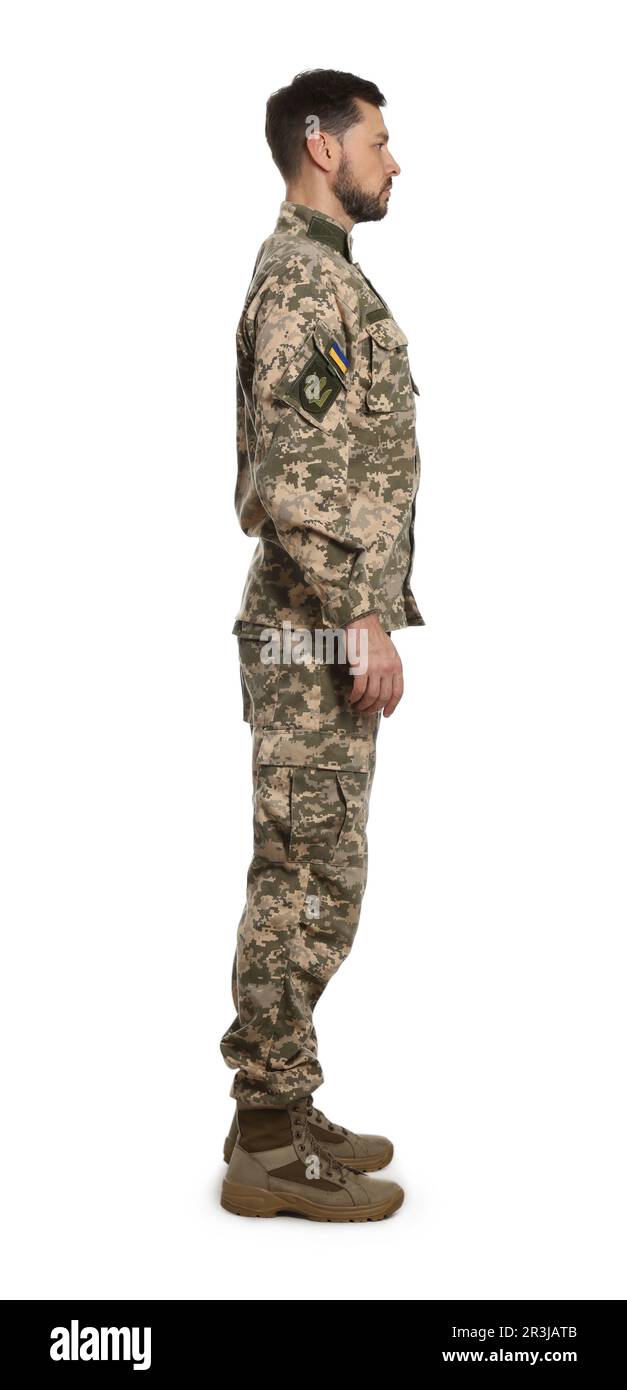 Ukrainian soldier in military uniform on white background Stock Photo ...