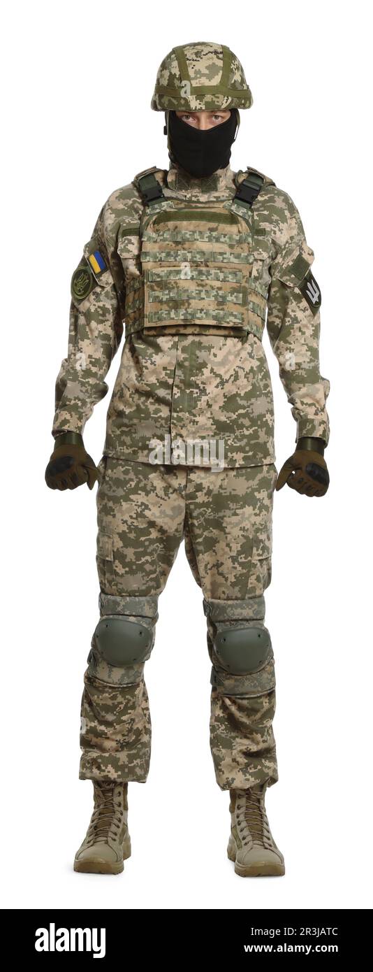 Ukrainian soldier in military uniform, helmet and balaclava on white ...