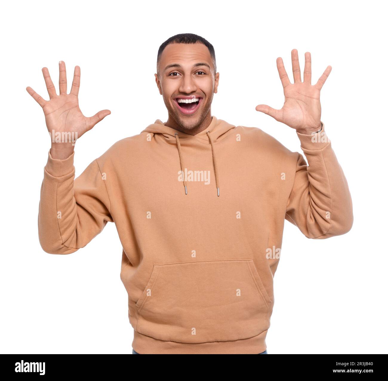 Man giving high five with both hands on white background Stock Photo ...