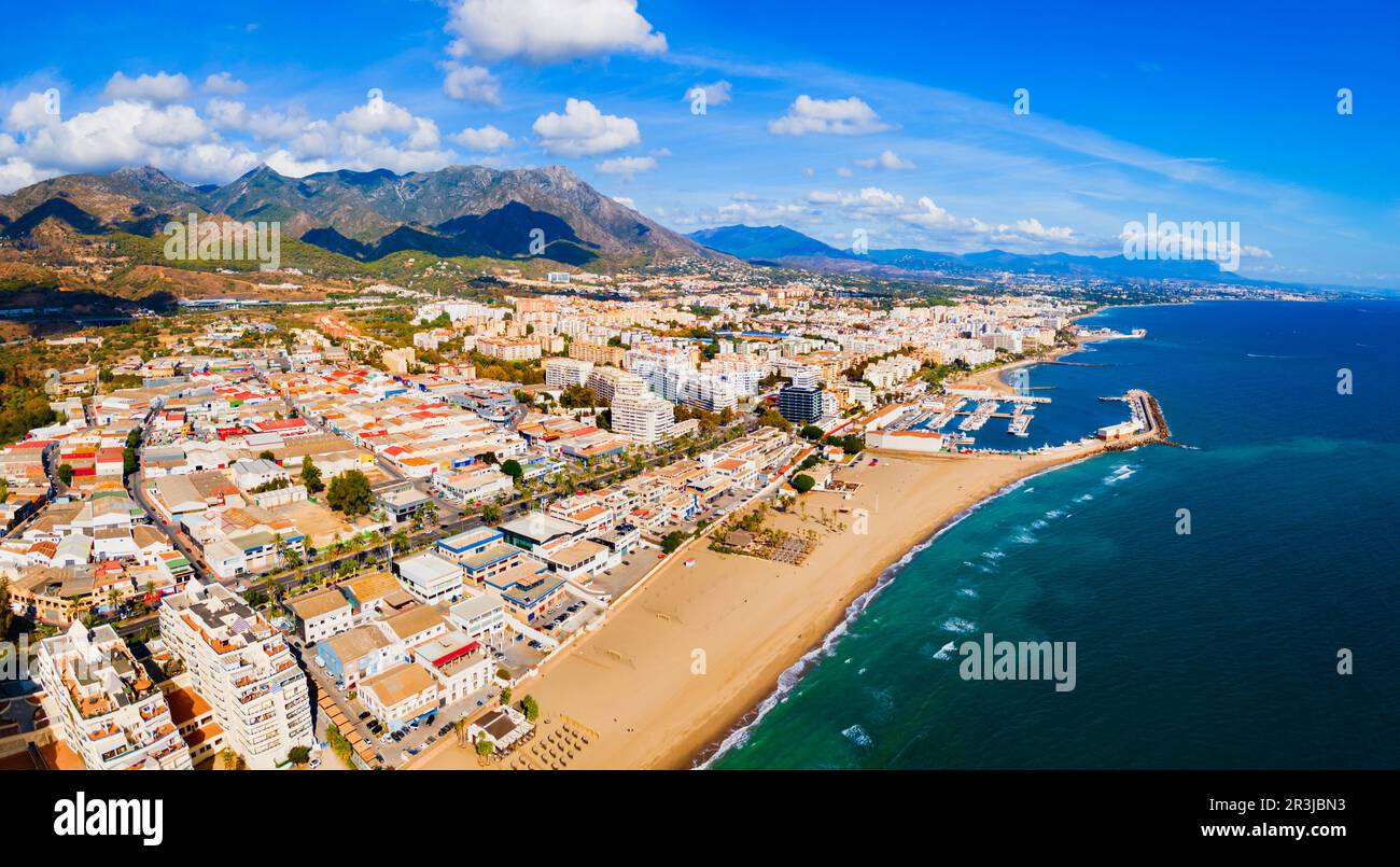 Marbella city beach aerial panoramic view. Marbella is a city in the ...