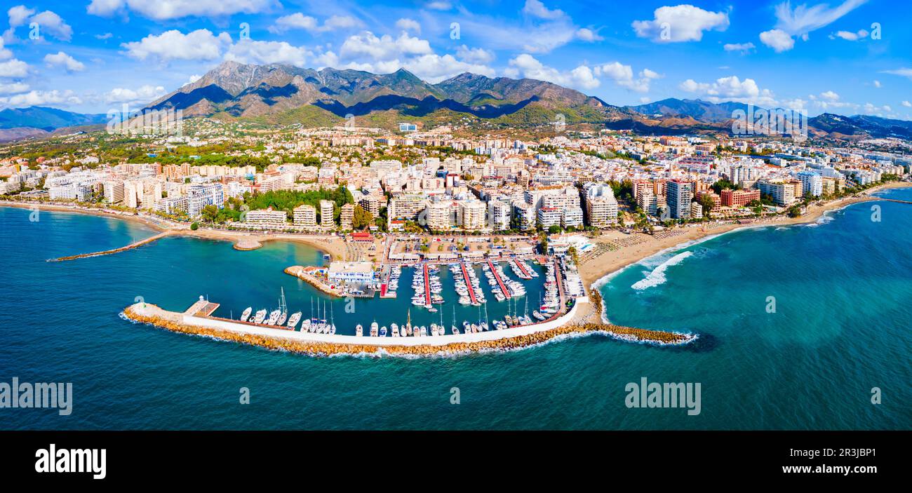 Marbella marina aerial panoramic view. Marbella is a city in the ...