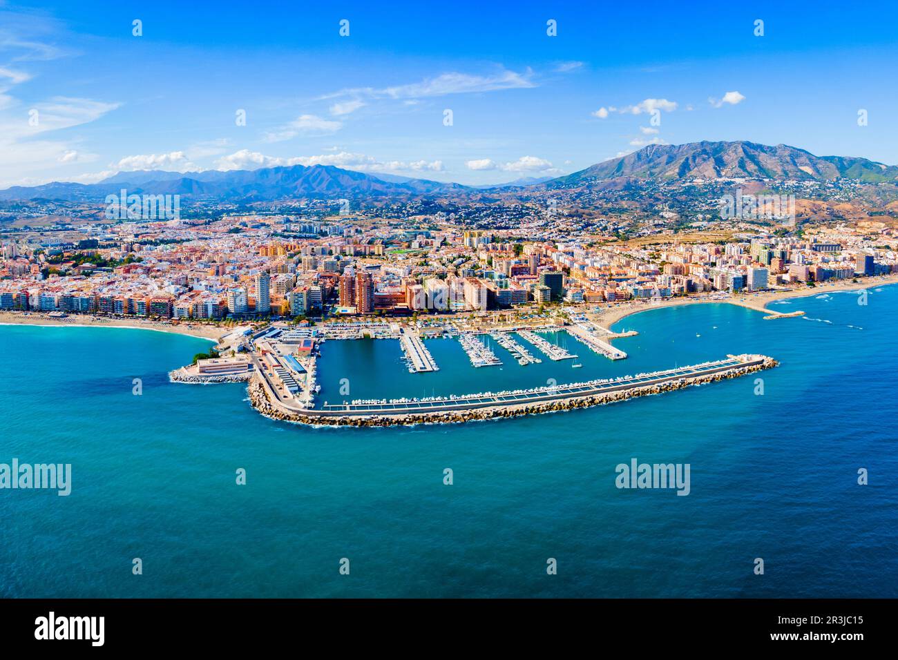 Fuengirola city beach and marina aerial panoramic view. Fuengirola is a ...