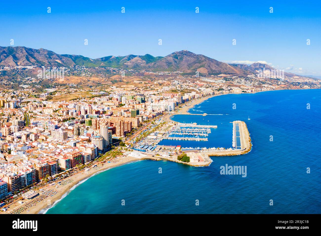 Fuengirola city beach and marina aerial panoramic view. Fuengirola is a ...