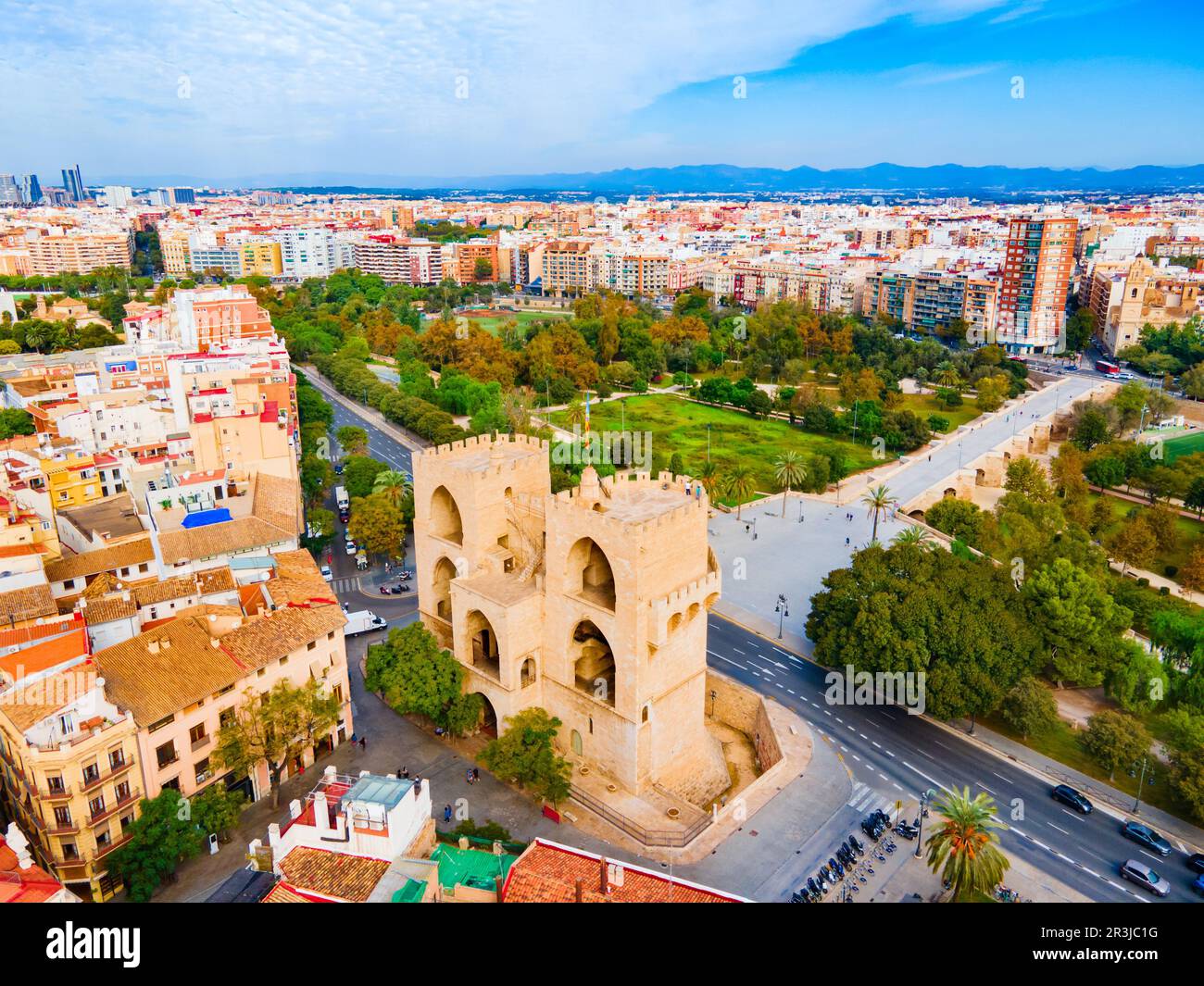 The Serrans Gate or Serranos Towers aerial panoramic view, it is a 14th ...