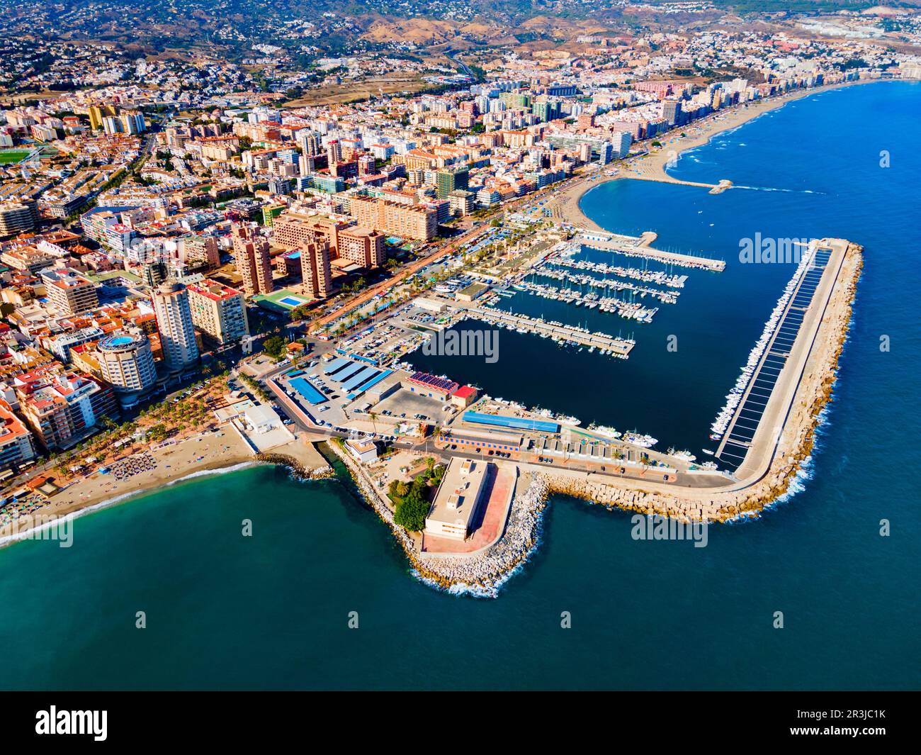 Fuengirola city beach and marina aerial panoramic view. Fuengirola is a ...