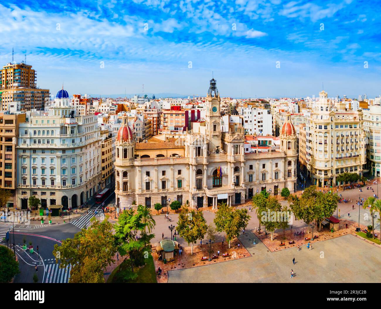 Valencia City Hall at the Plaza del Ajuntament square aerial panoramic ...