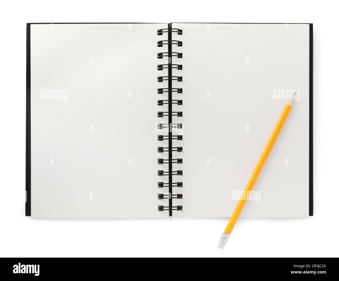 Open blank notebook with pencil isolated on white, top view Stock Photo - Alamy