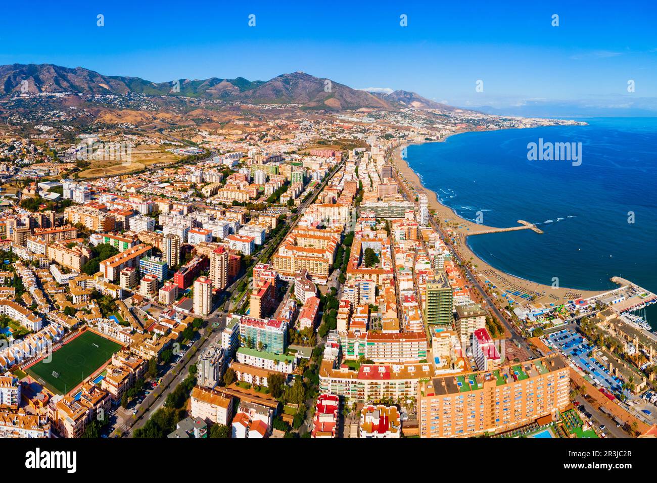 Fuengirola city beach and marina aerial panoramic view. Fuengirola is a ...