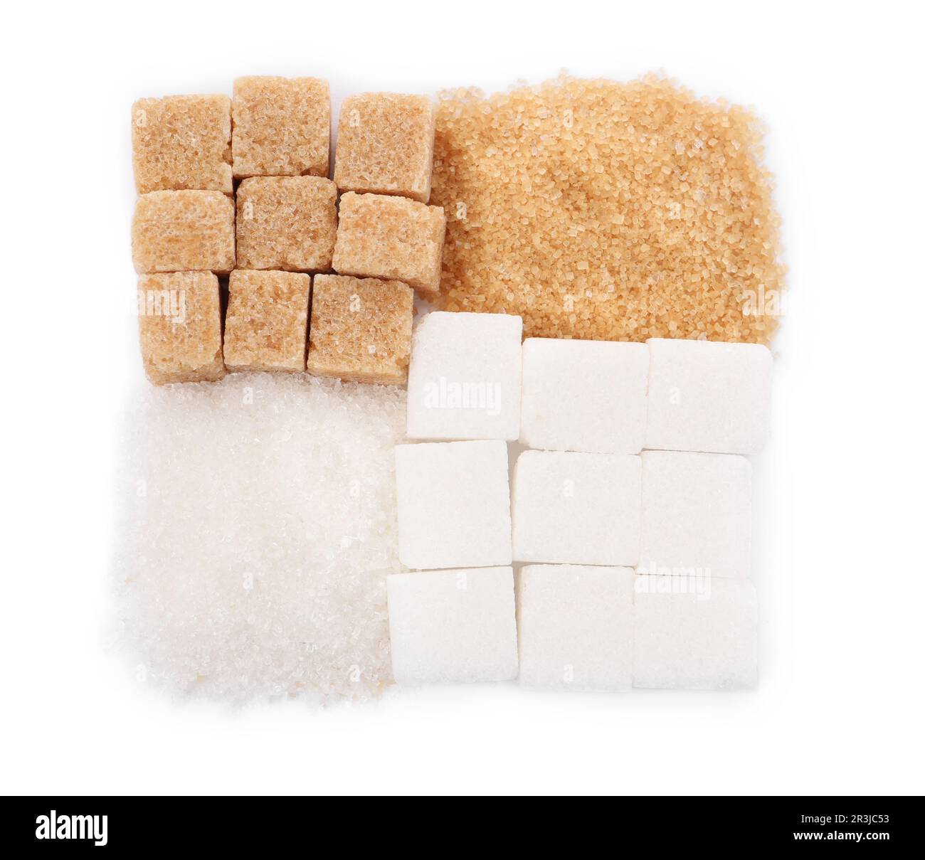 Different types of sugar on white background, top view Stock Photo - Alamy