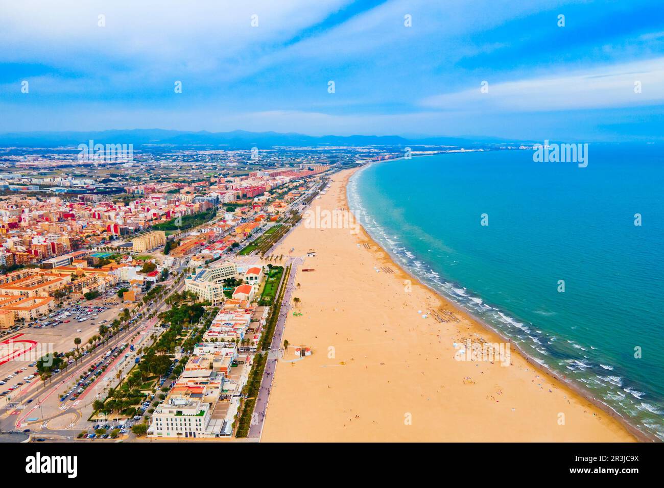 Valencia city beach aerial panoramic view. Valencia is the third most ...