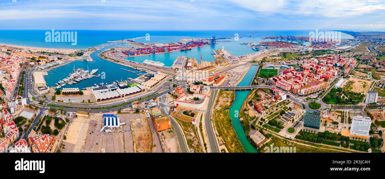 Valencia city port aerial panoramic view. Valencia is the third most ...