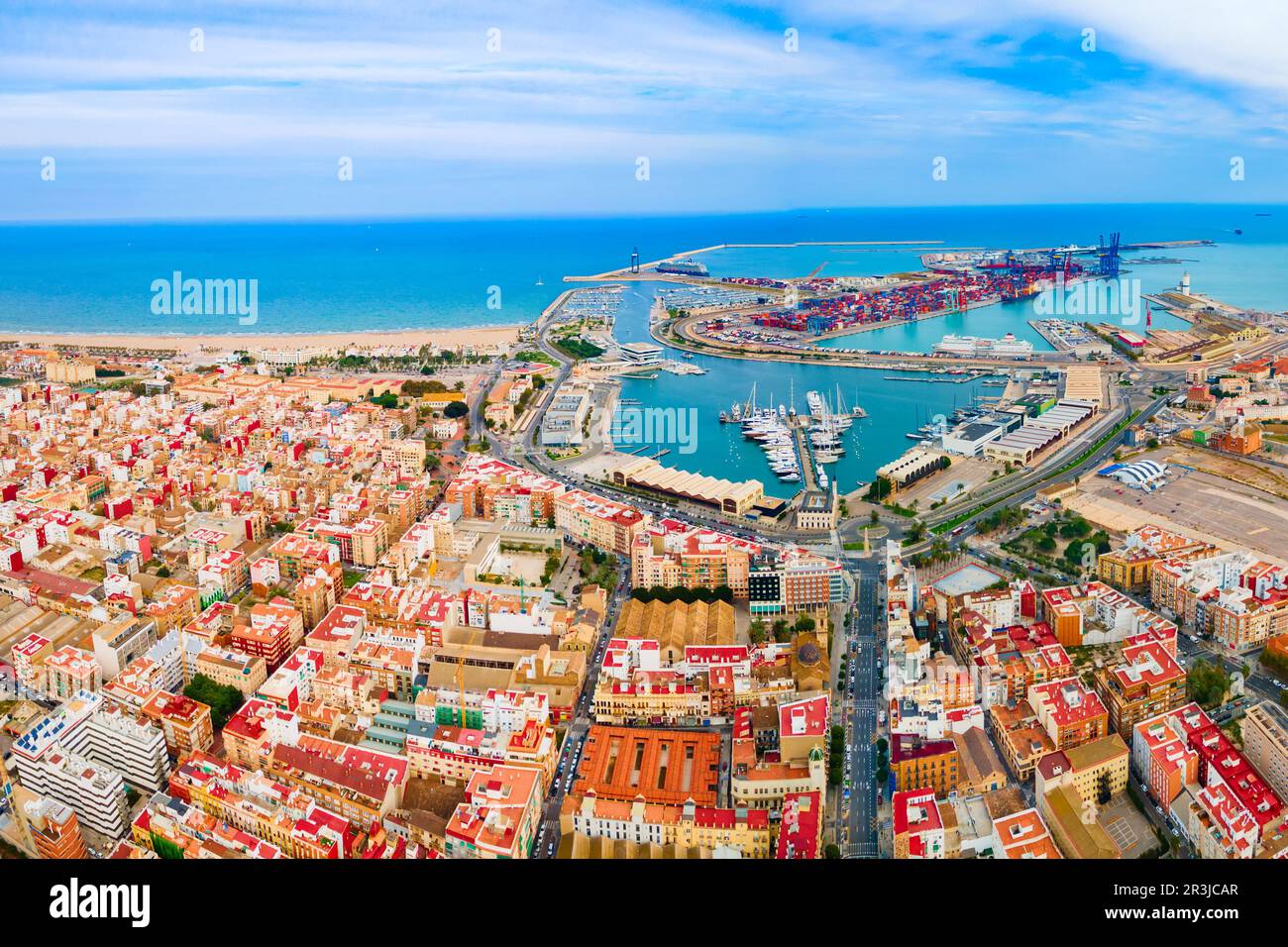 Valencia city port aerial panoramic view. Valencia is the third most ...