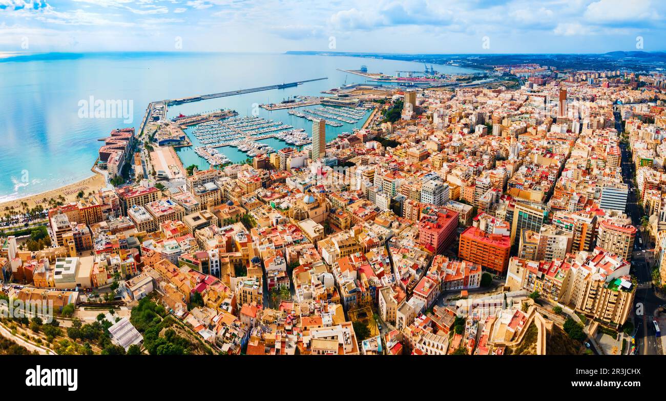 Alicante city port with boats and yachts aerial panoramic view ...