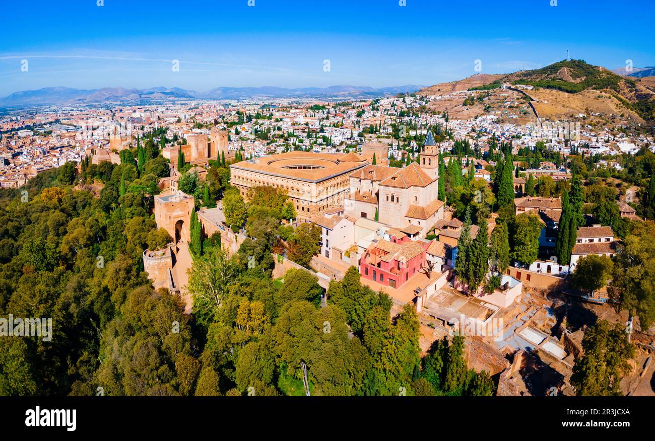 The Alhambra aerial panoramic view. The Alhambra is a fortress complex ...