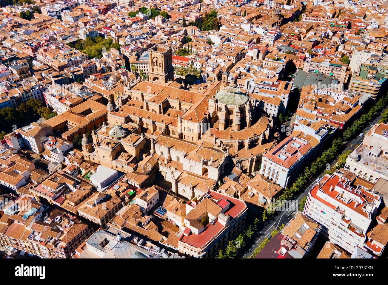 Granada Cathedral aerial panoramic view. Cathedral of Incarnation or ...