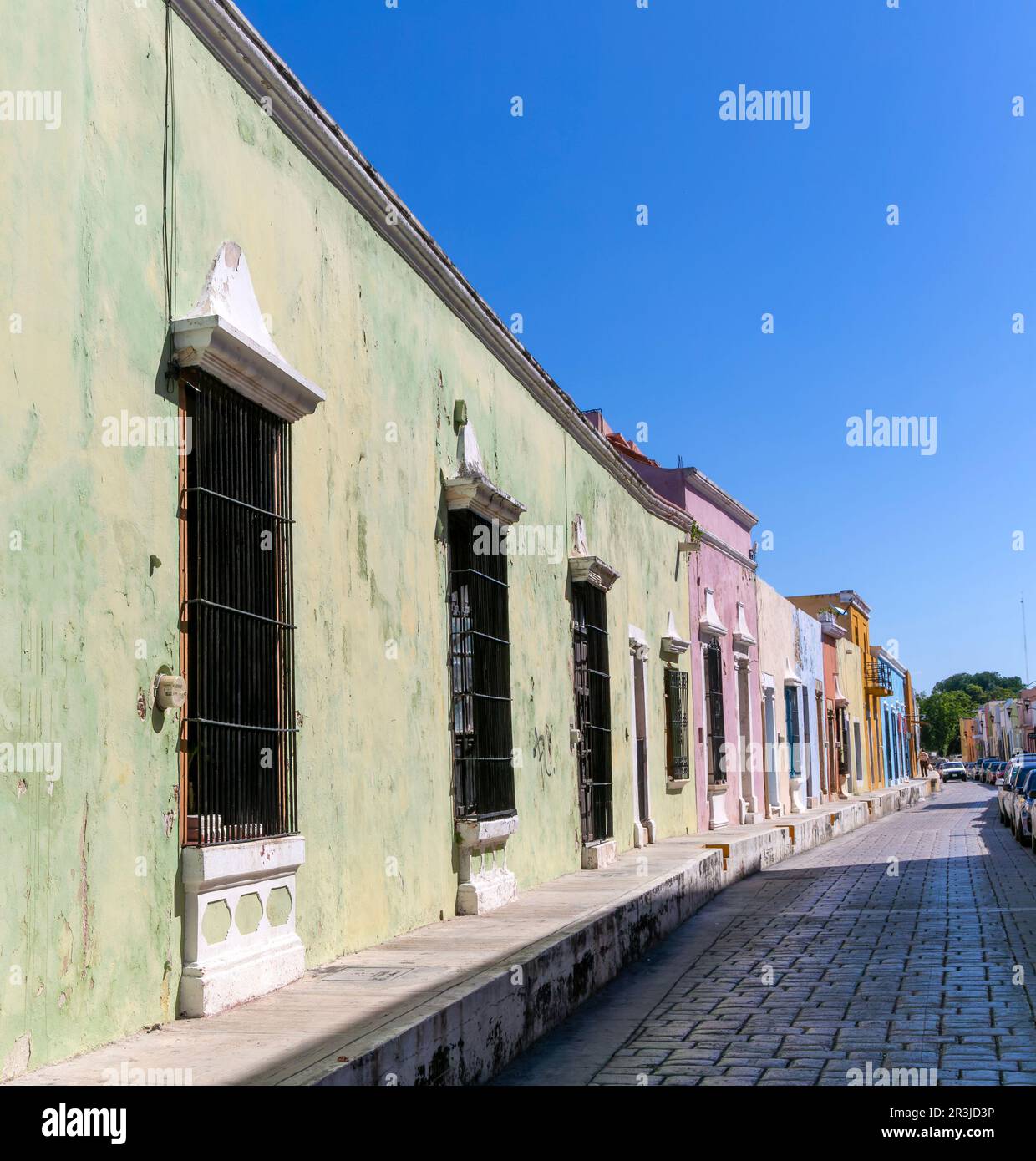Row of colourful Spanish colonial buildings, Campeche city centre ...