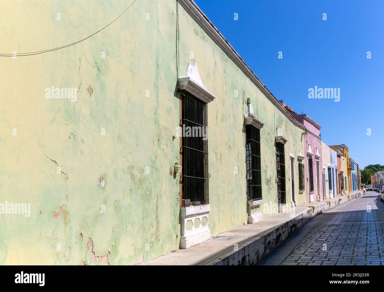 Row of colourful Spanish colonial buildings, Campeche city centre ...