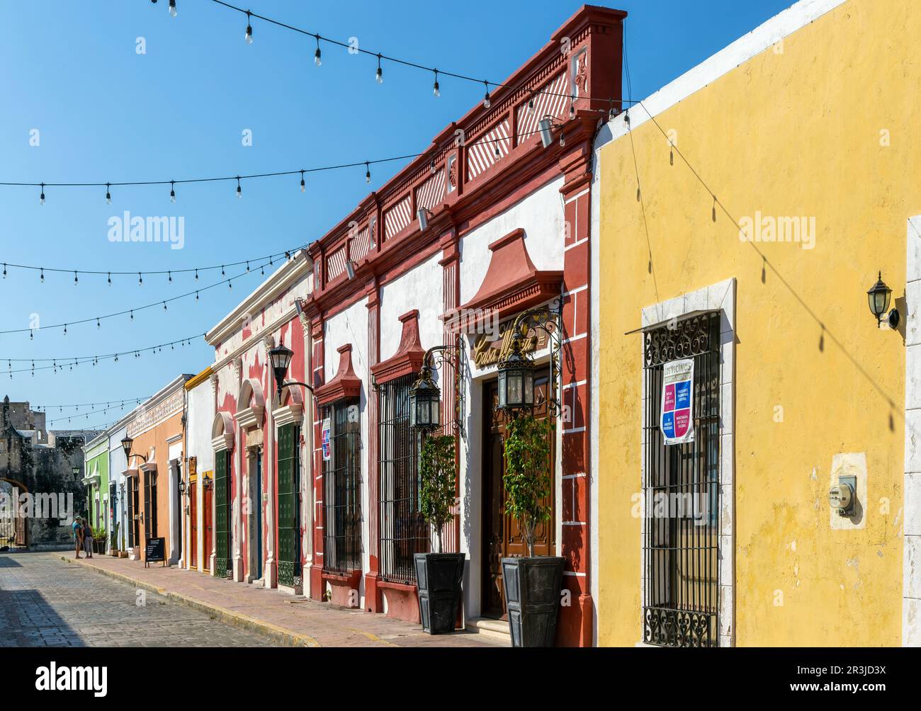 Row of colourful Spanish colonial buildings, Campeche city centre ...