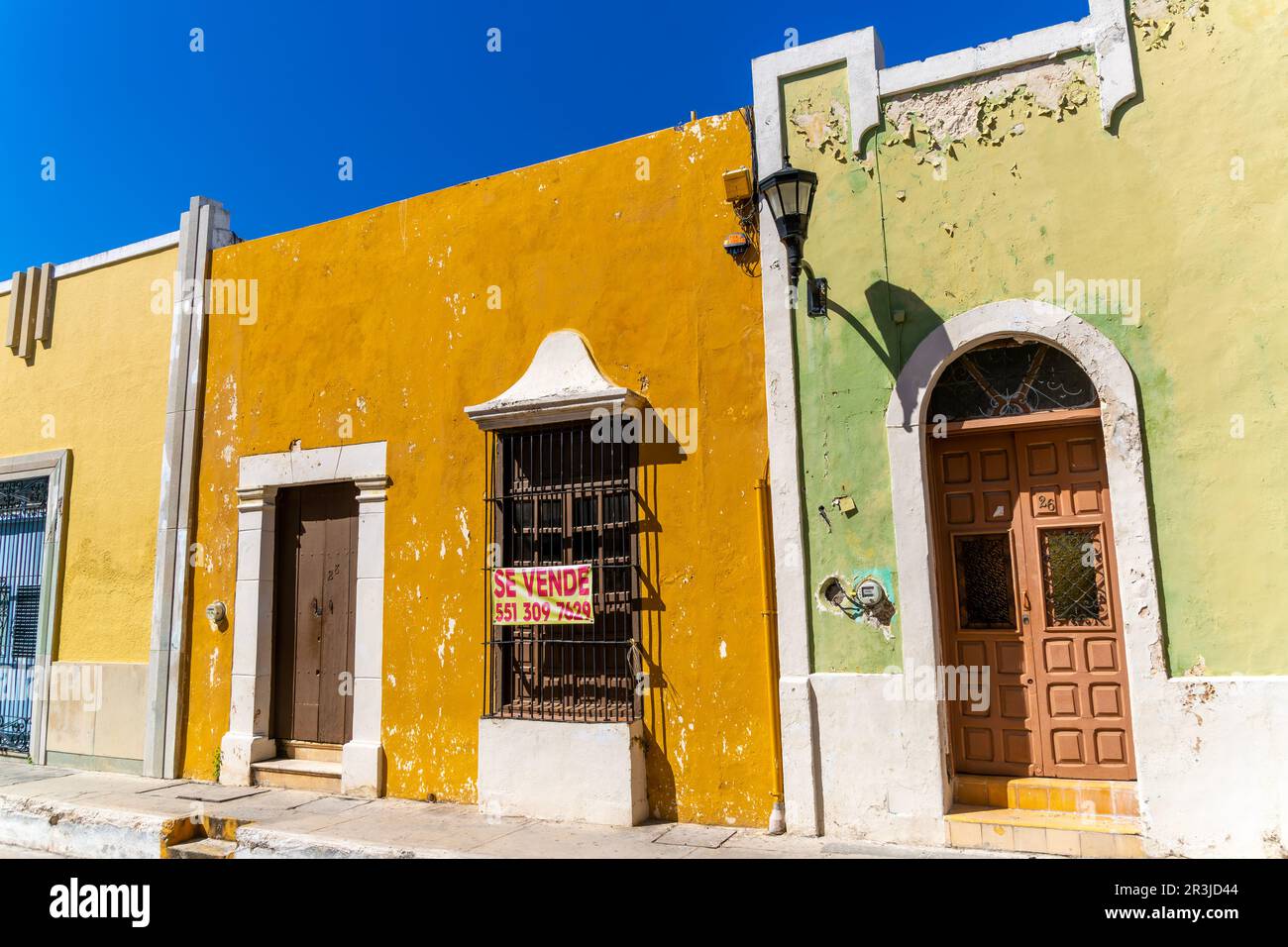 Row of colourful Spanish colonial buildings, Campeche city centre ...