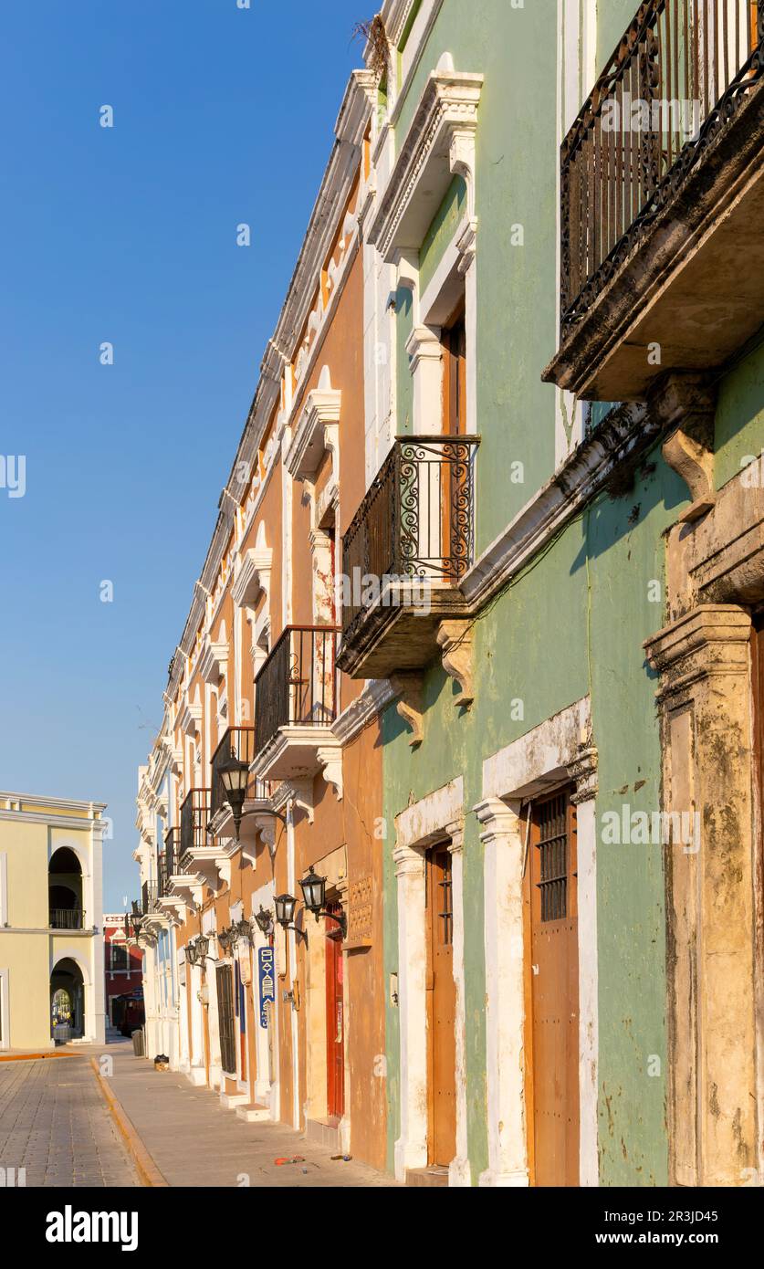 Row of historic Spanish colonial buildings Campeche city centre ...