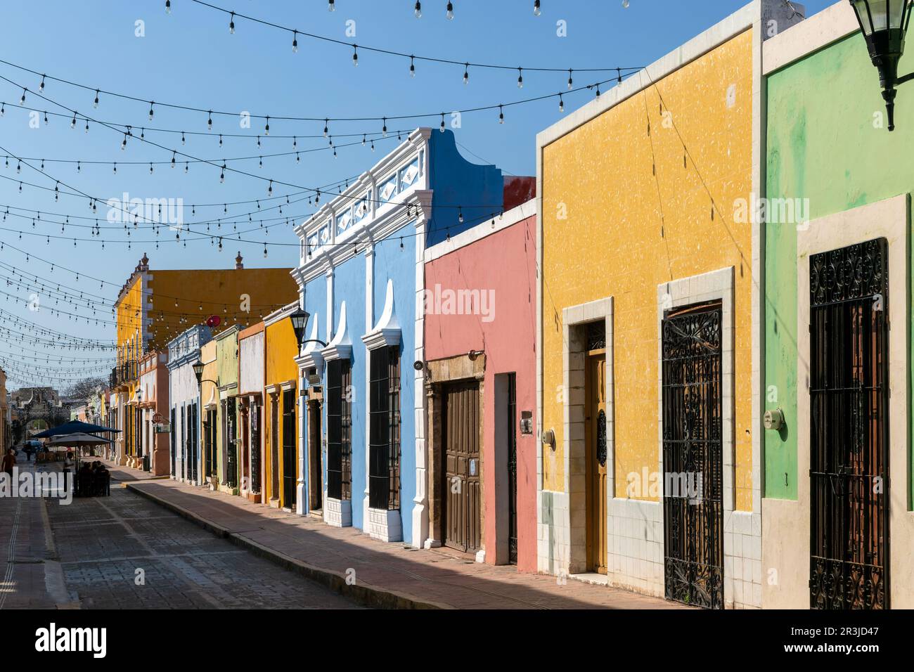 Row of colourful Spanish colonial buildings, Campeche city centre ...
