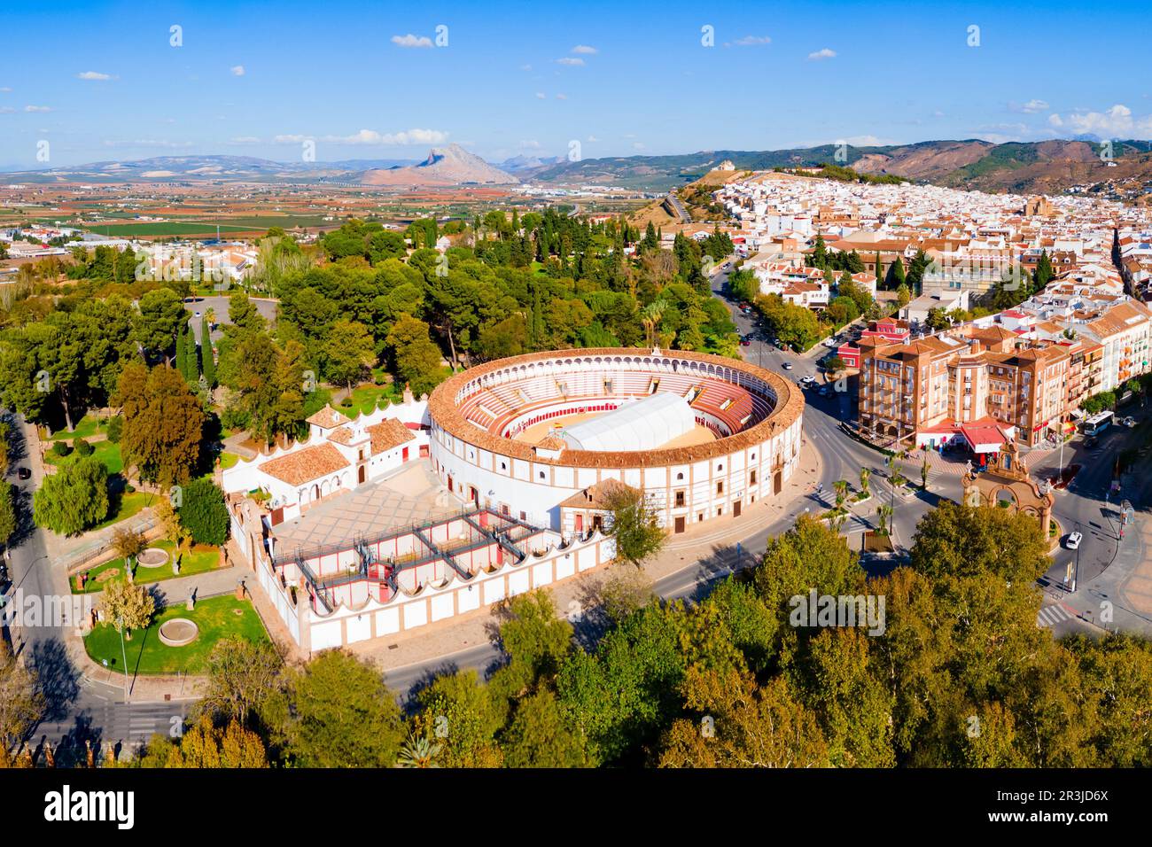 Bullring or plaza de toros building aerial panoramic view in Antequera ...