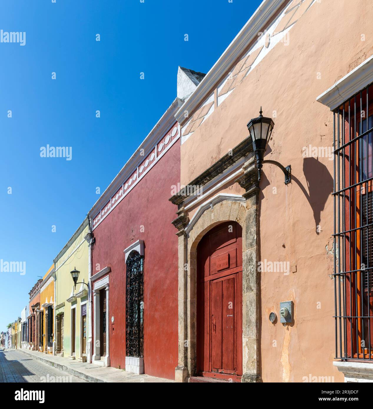 Row of colourful Spanish colonial buildings, Campeche city centre ...