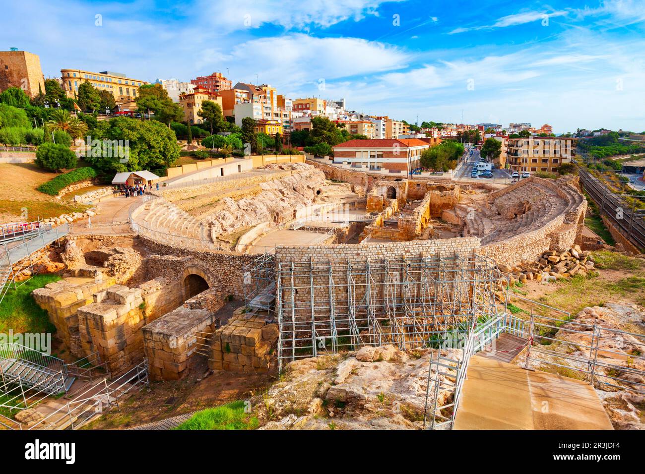 Tarragona Amphitheatre aerial panoramic view. Tarragona Amphitheatre is ...