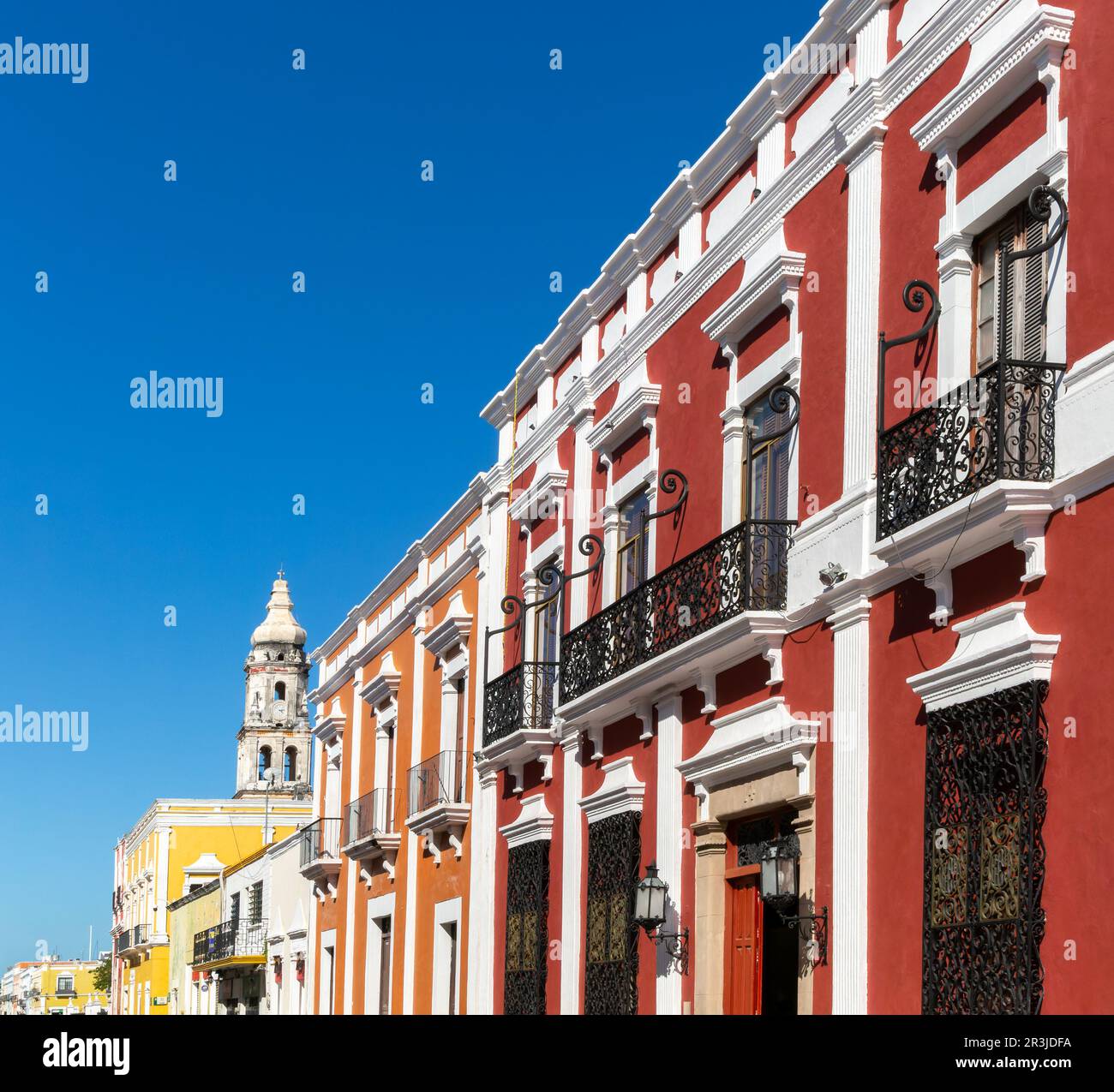 Row of colourful Spanish colonial buildings, Campeche city centre ...